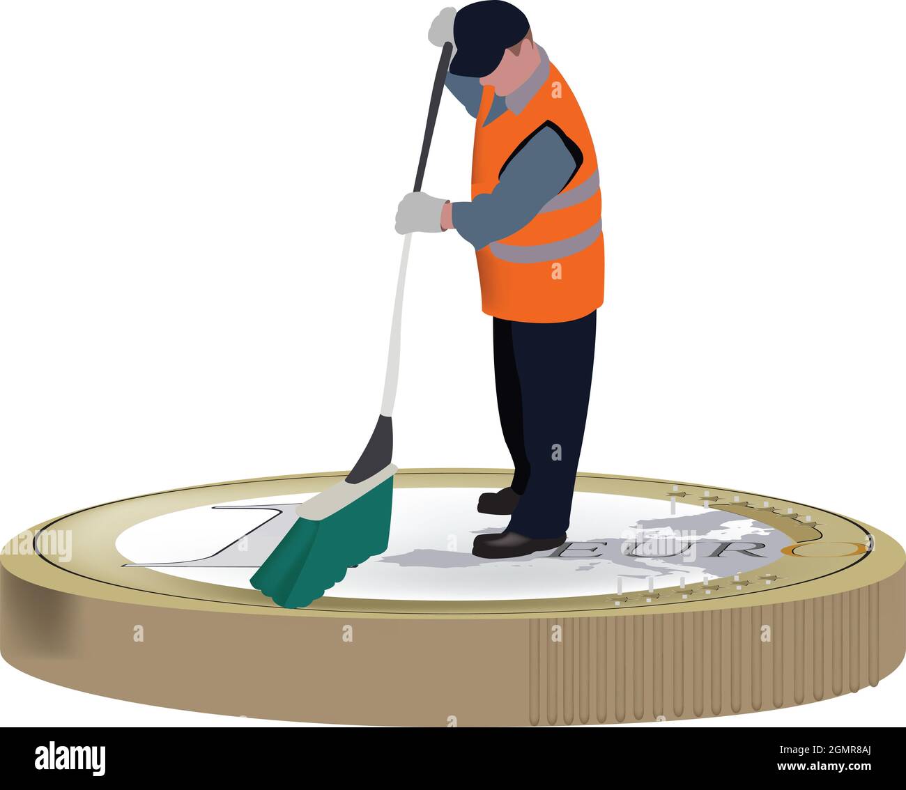 Illustration of an ecological operator with a broom cleaning the euro ...