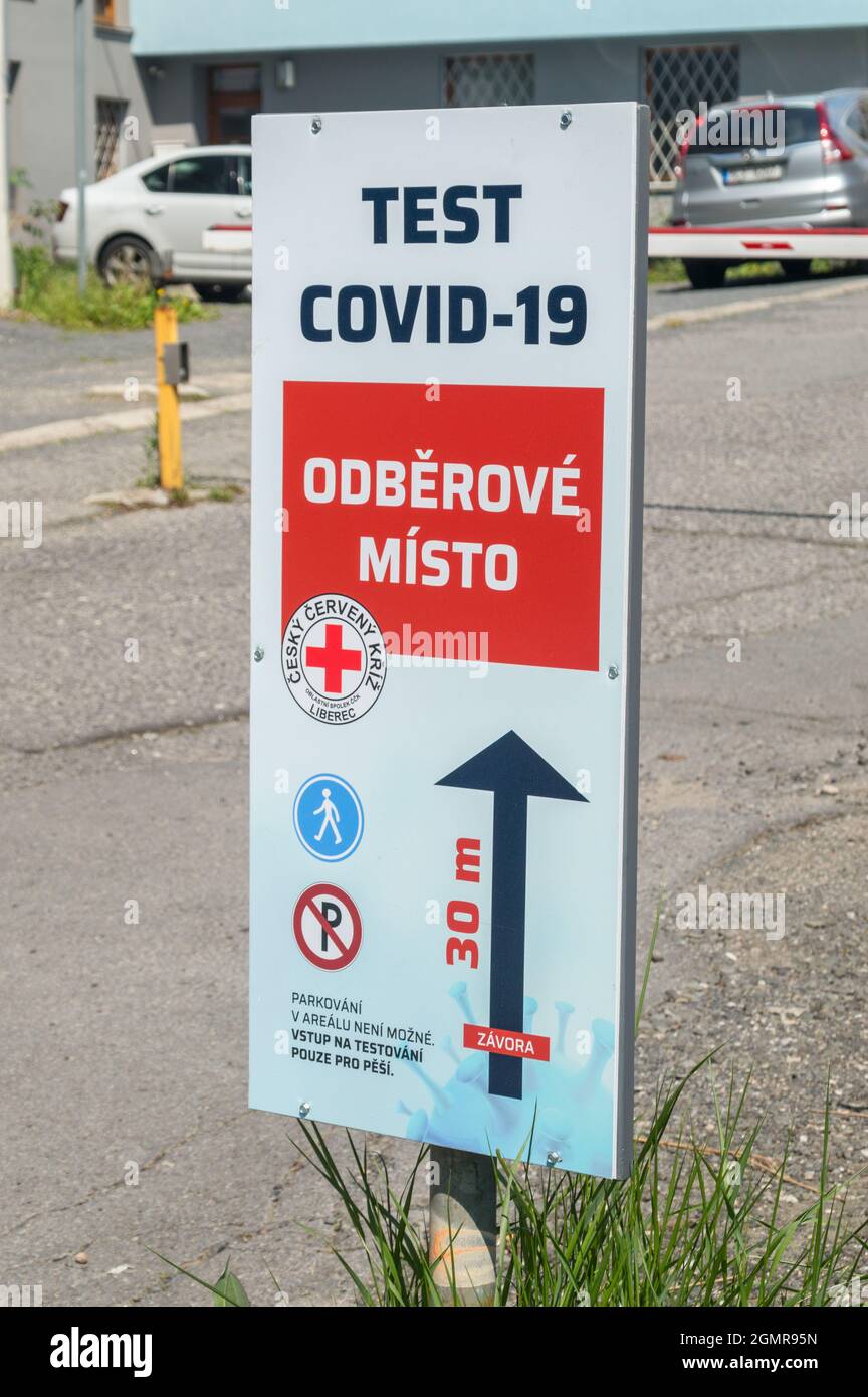 Liberec, Czech Republic - June 2, 2021: Covid testing direction sign ...