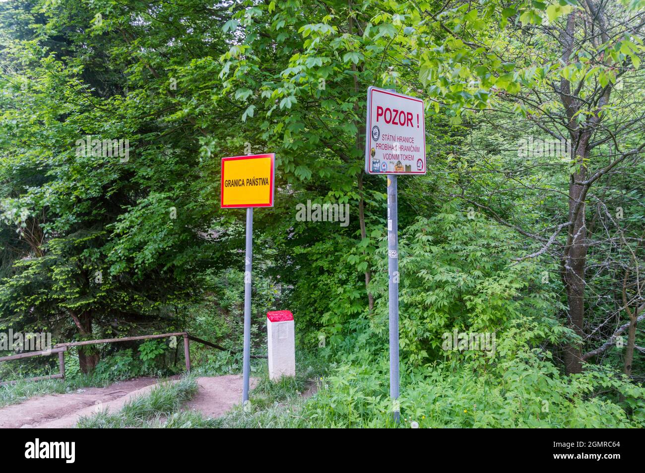 Jaworzynka, Poland- June 5, 2021: View on Polish and Czech border signs ...