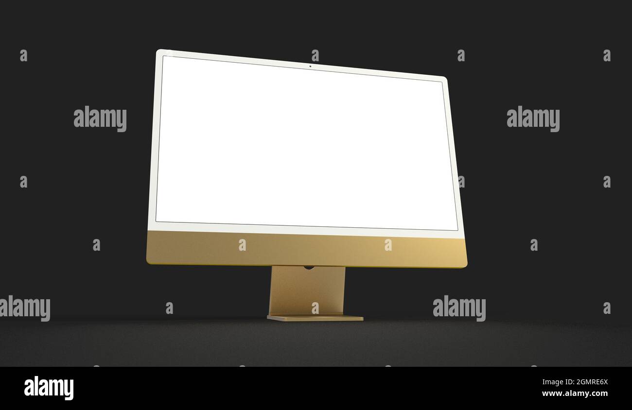 3d rendered golden computer monitor with a blank screen isolated on bla ...