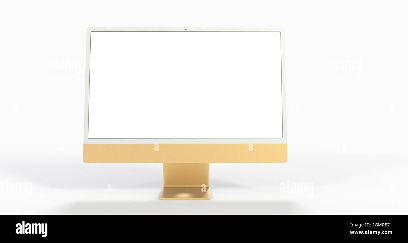 3d rendered golden computer monitor with a blank screen isolated on ...