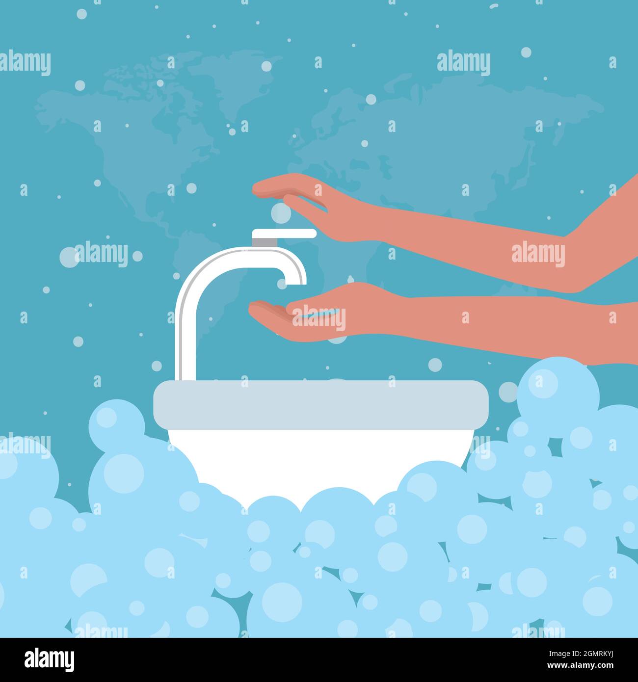 handswashing in washbasin with bubbles on blue background Stock Vector ...