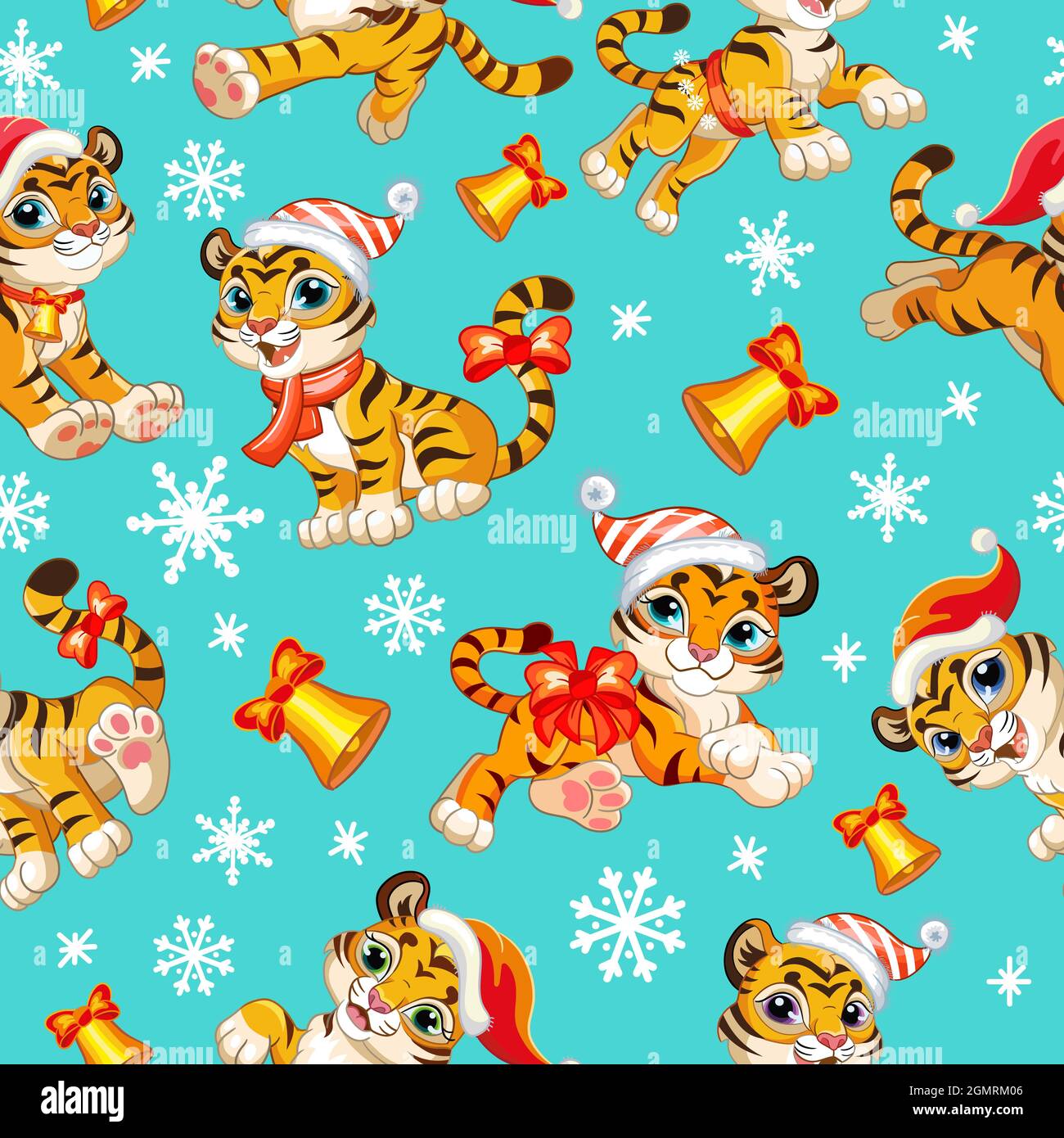 Seamless pattern with cute tiger cubs character, bells and snowflakes ...
