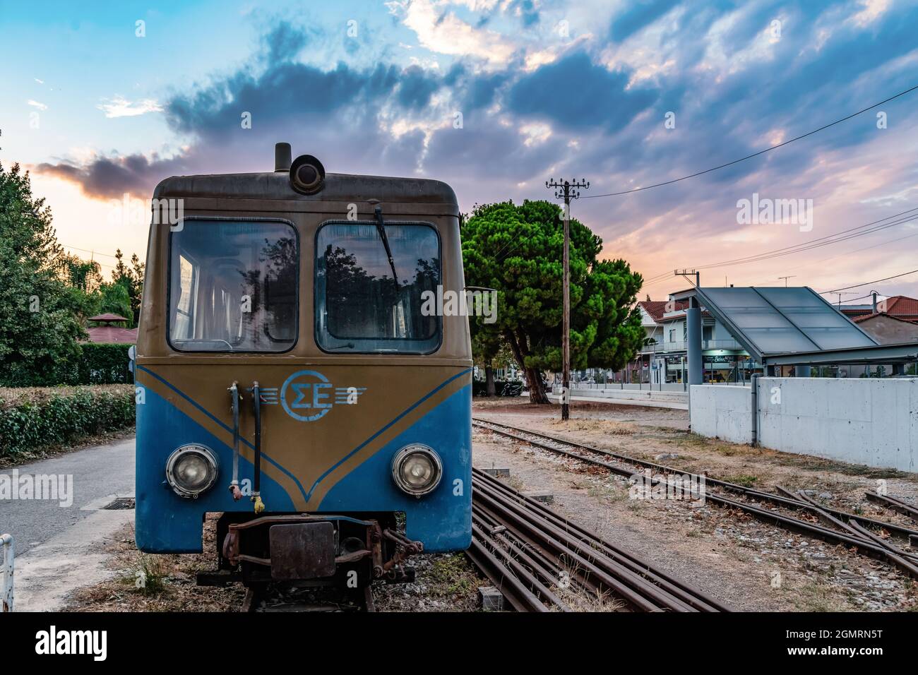 Old rack railway trains in Diakopto Greece Stock Photo - Alamy