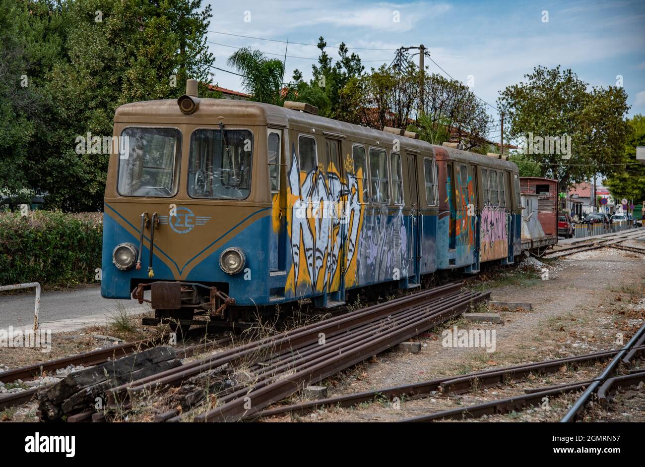 Old rack railway trains in Diakopto Greece Stock Photo - Alamy