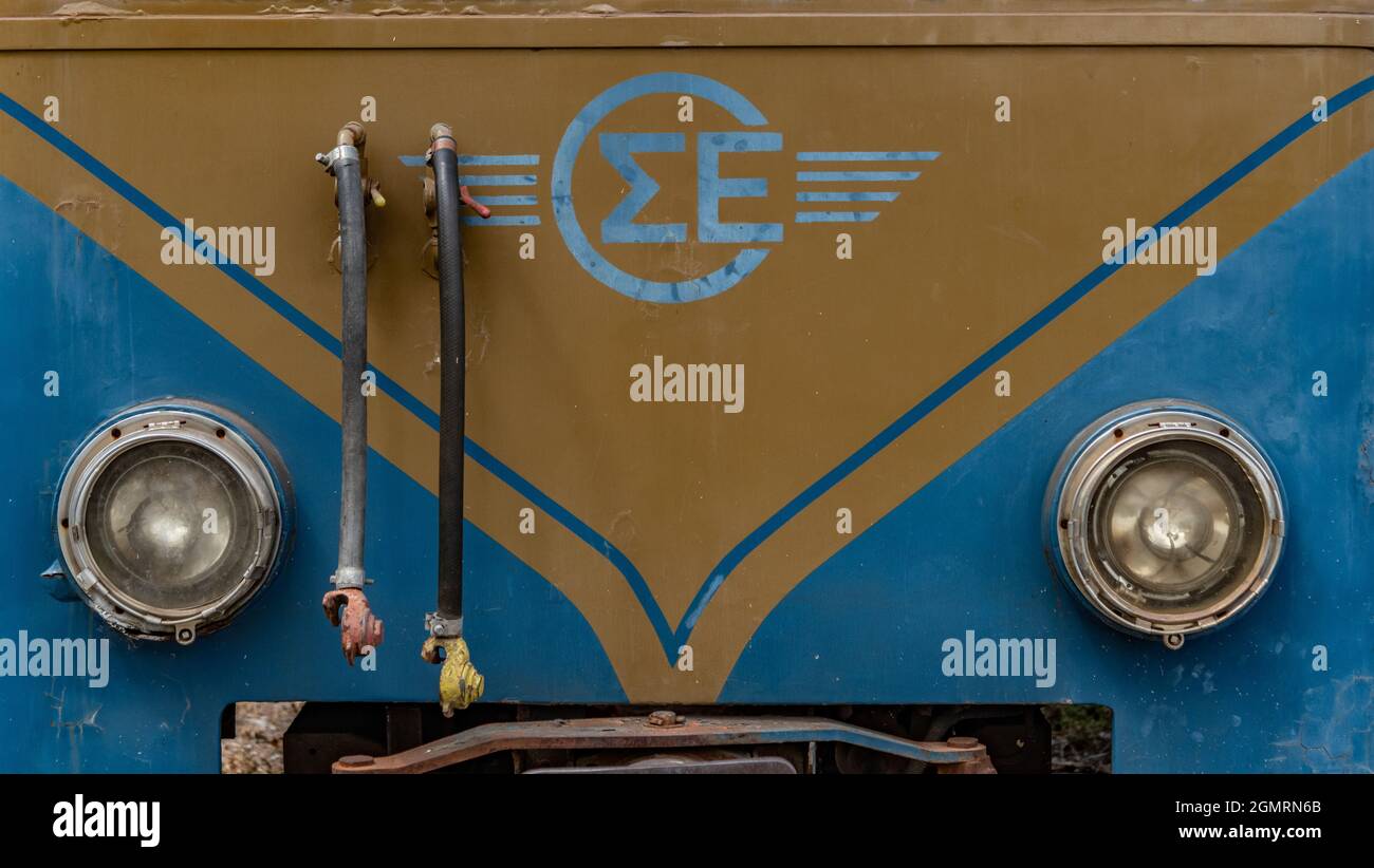 Old rack railway trains in Diakopto Greece Stock Photo - Alamy