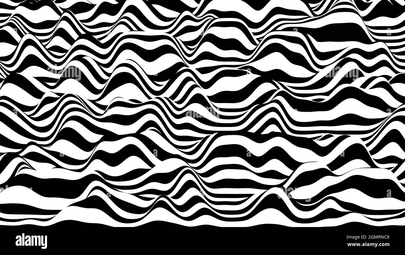 Trendy 3D black and white stripes distorted backdrop. Procedural ripple ...