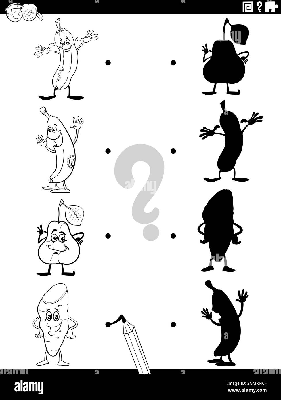 Black and white cartoon illustration of match the right shadows with ...