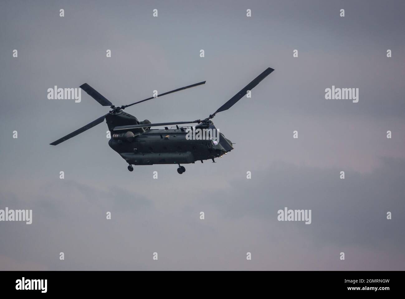 RAF Chinook tandem-rotor CH-47 helicopter flying fast and low in a ...