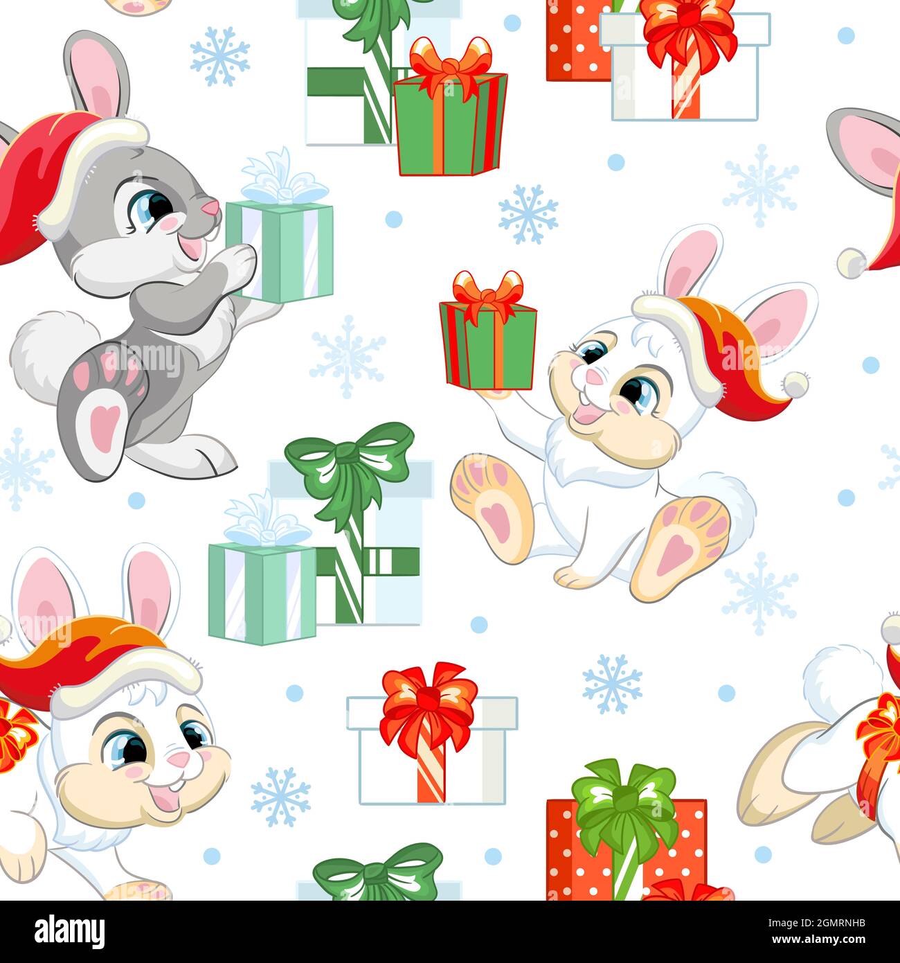 Seamless pattern with cute rabbits character, gifts and snowflakes ...