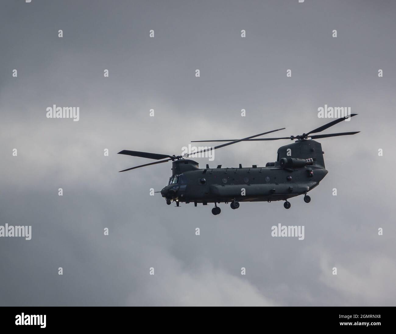RAF Chinook tandem-rotor CH-47 helicopter flying fast and low in a ...