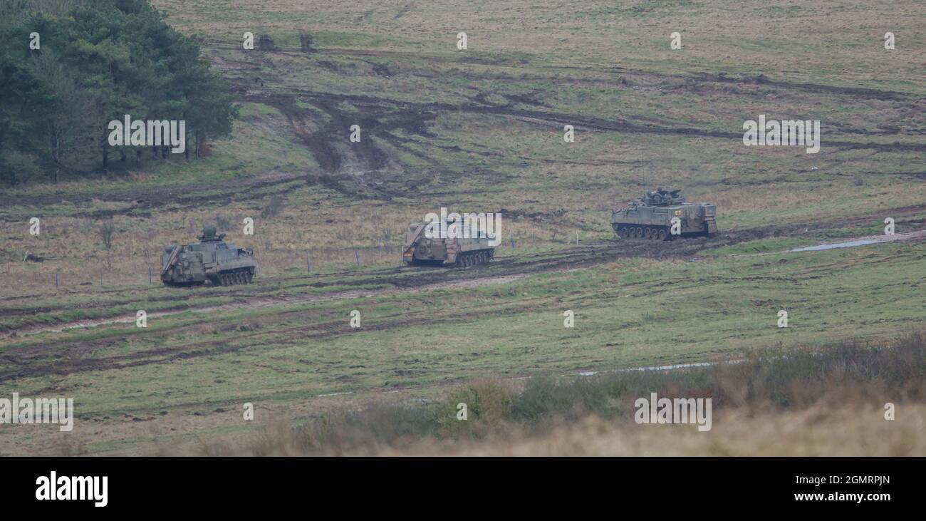 British army Warrior FV512 MRV & Warrior FV510 IFV tanks in action on a ...