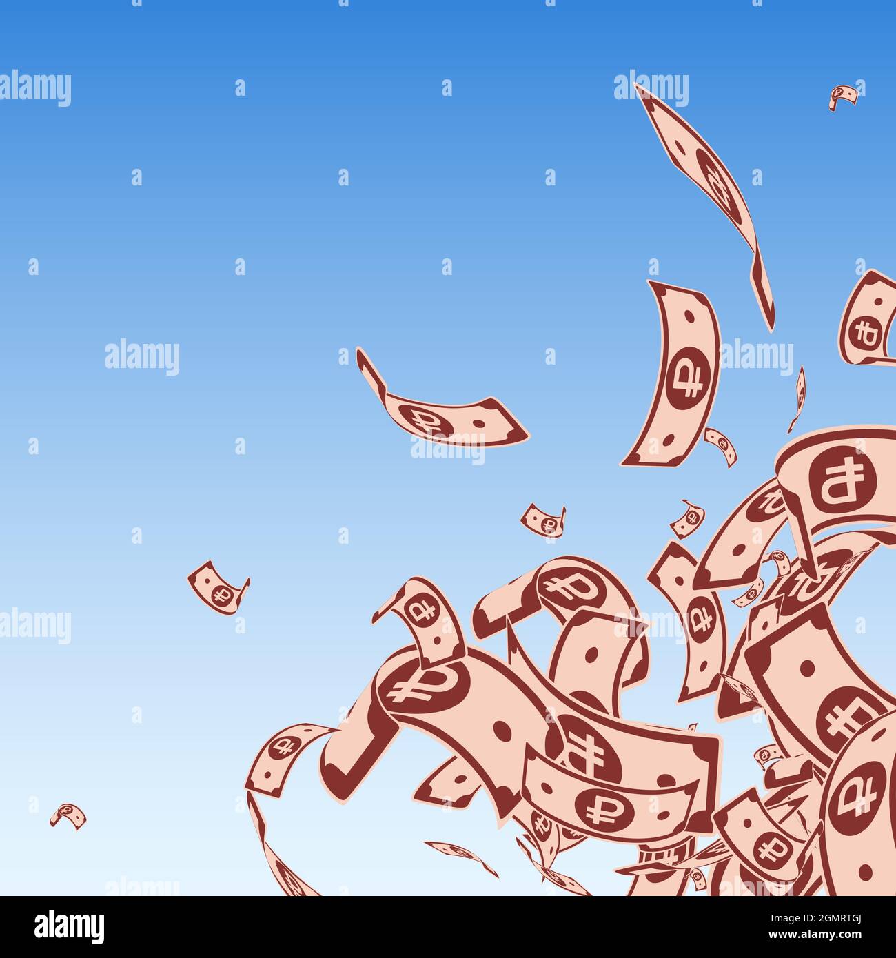 Russian ruble notes falling. Messy RUB bills on blue sky background ...