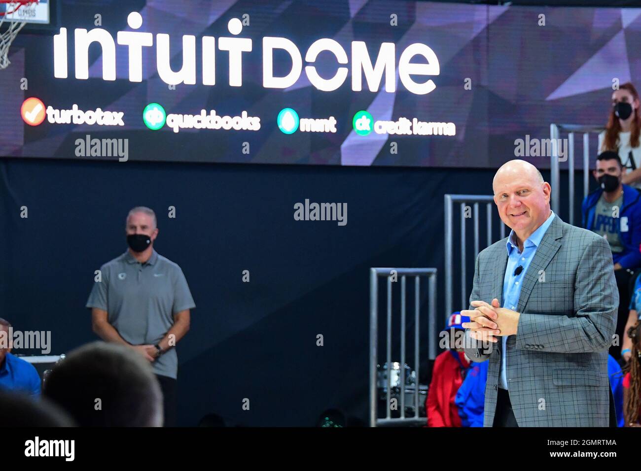 Los Angeles Clippers owner Steve Ballmer speaks during a groundbreaking ...