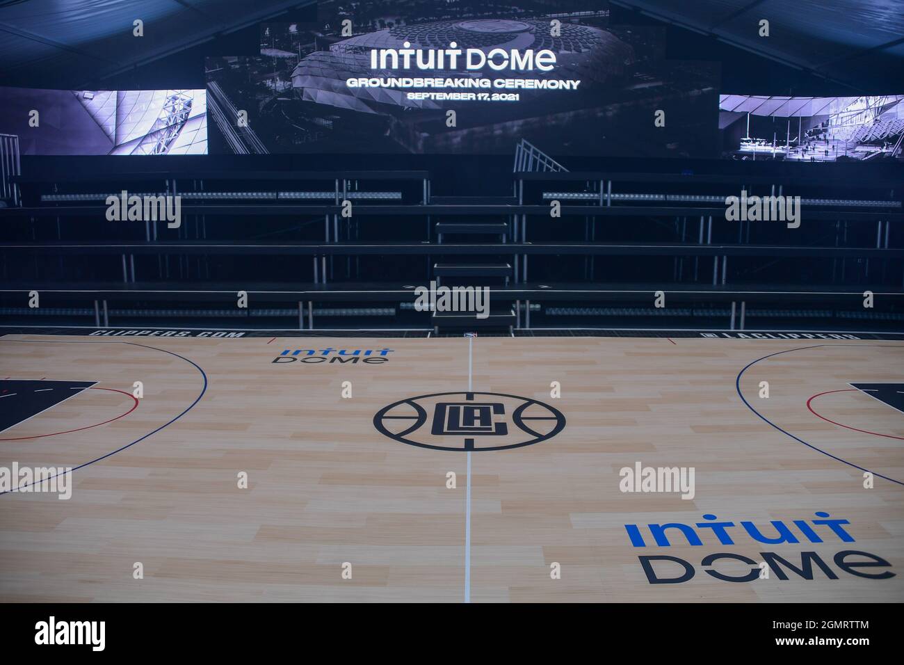 General overall view of the basketball court that acted as a stage ...