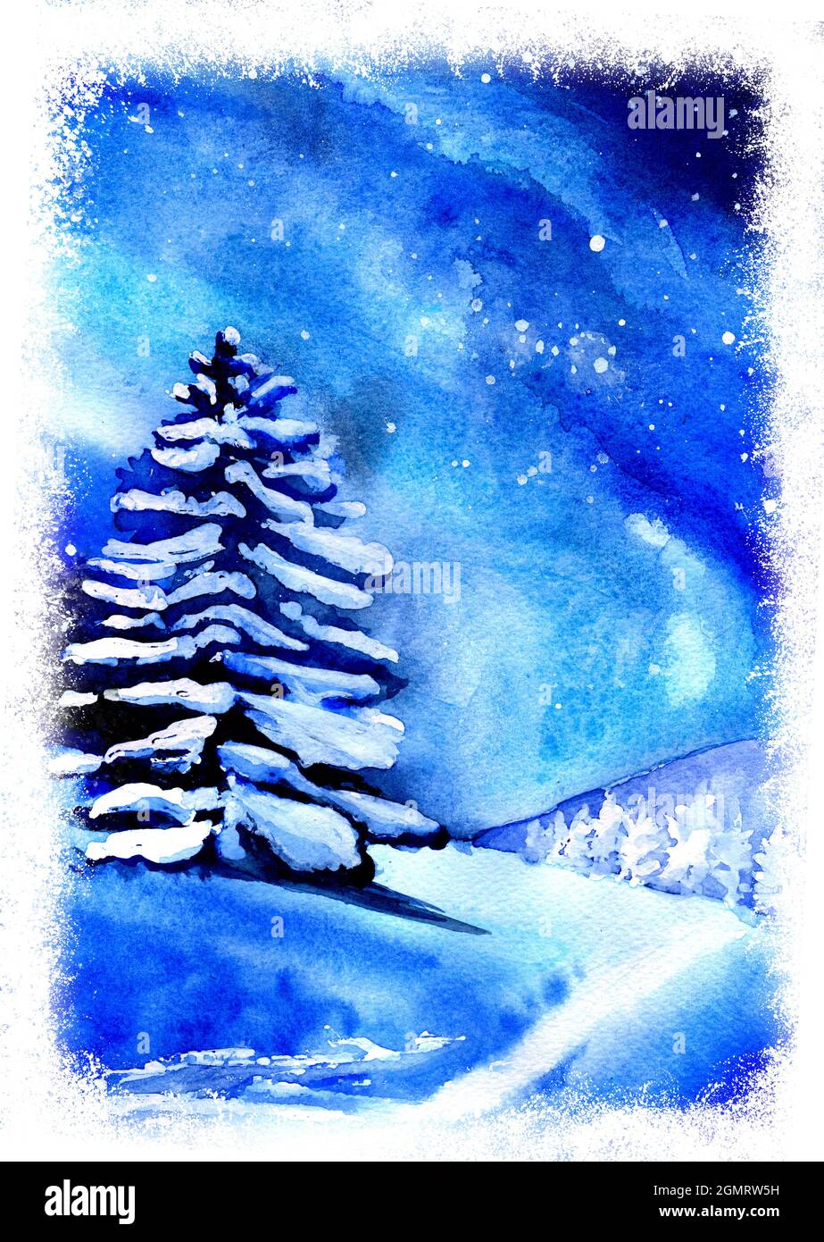 Winter night landscape with spruce and snow. Winter card for Christmas ...