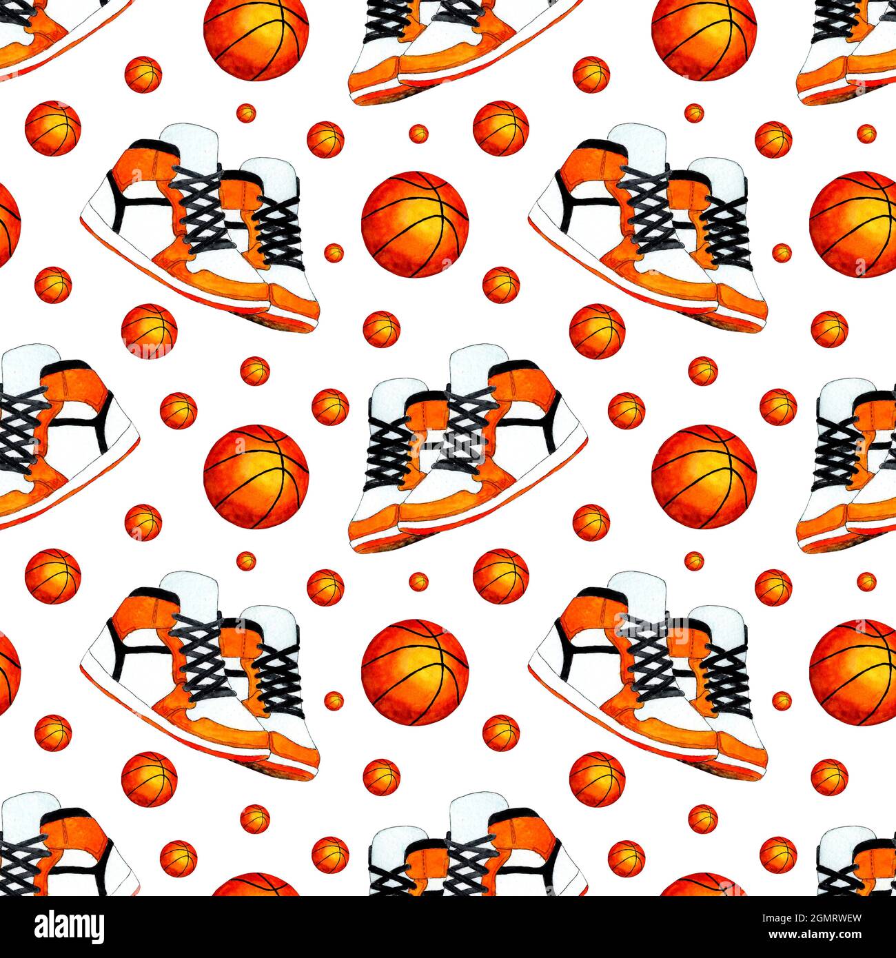Watercolor illustration pattern of basketball ball and sneakers ...