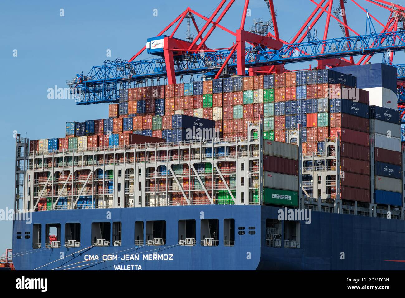 HAMBURG, GERMANY - Aug 24, 2021: The CMA CGM Jean Mermoz container ship ...