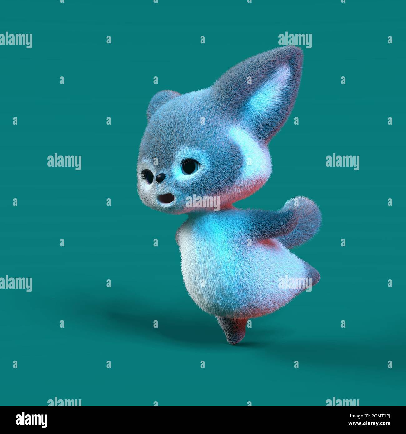 3D-illustration of a cute and funny cyan cartoon fox. isolated ...