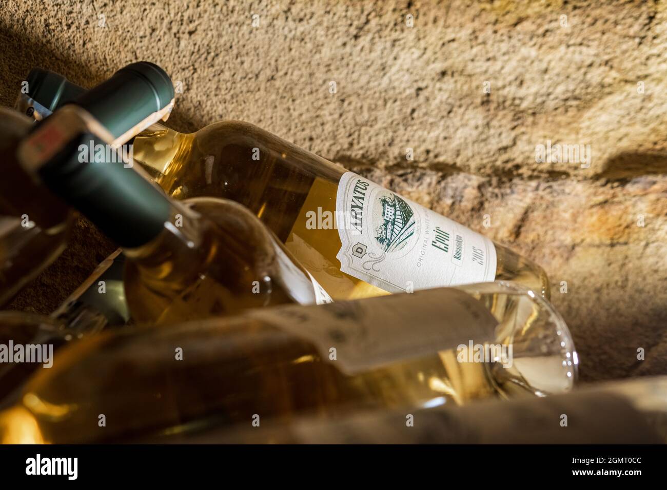 Wines, labeled wines, white wines stacked in a wine cellar, Traditional ...