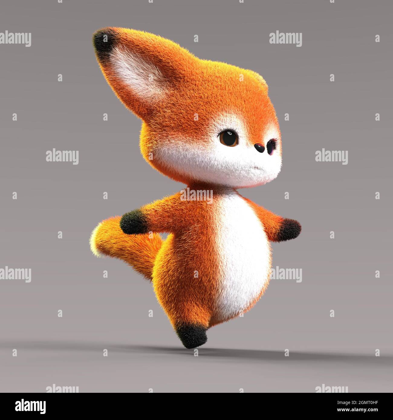 3D-illustration of a cute and funny cartoon fox waljing energetic ...