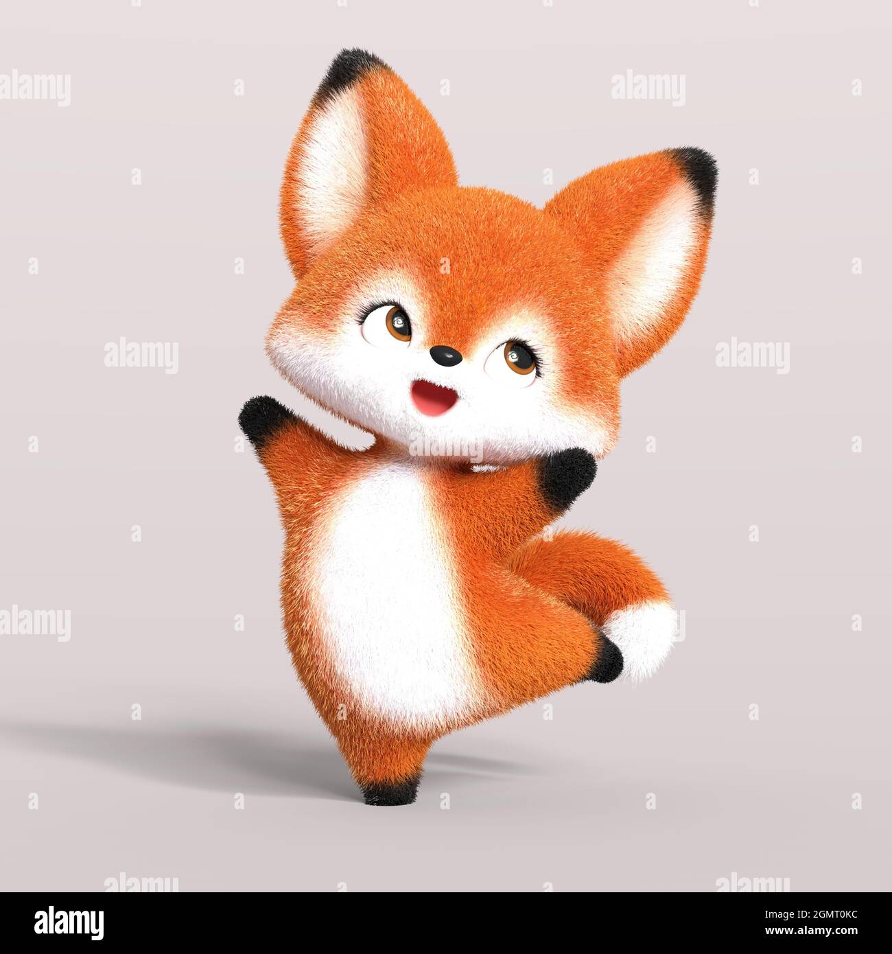 3D-illustration of a cute and funny cartoon fox dancing happily ...