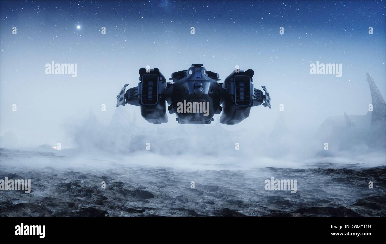 futuristic ship landing on alien planet. Mars surface. 3d rendering ...