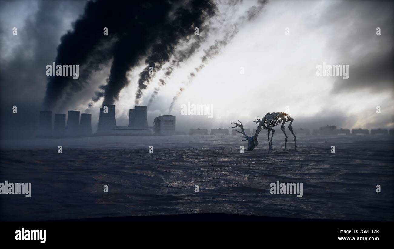 Ecology pollution concept. Dirty dark atmosphere. Deer skeleton ...