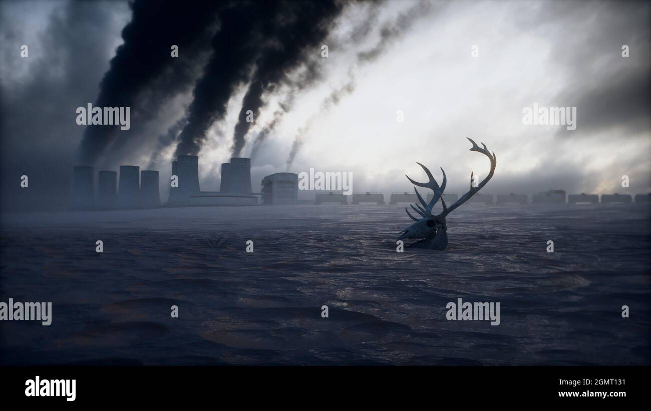 Ecology pollution concept. Dirty dark atmosphere. Deer skeleton ...