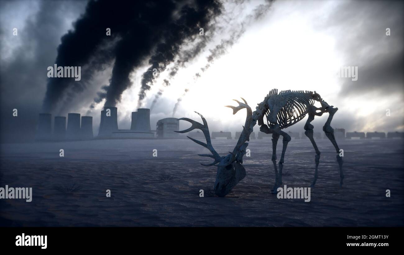Ecology pollution concept. Dirty dark atmosphere. Deer skeleton ...