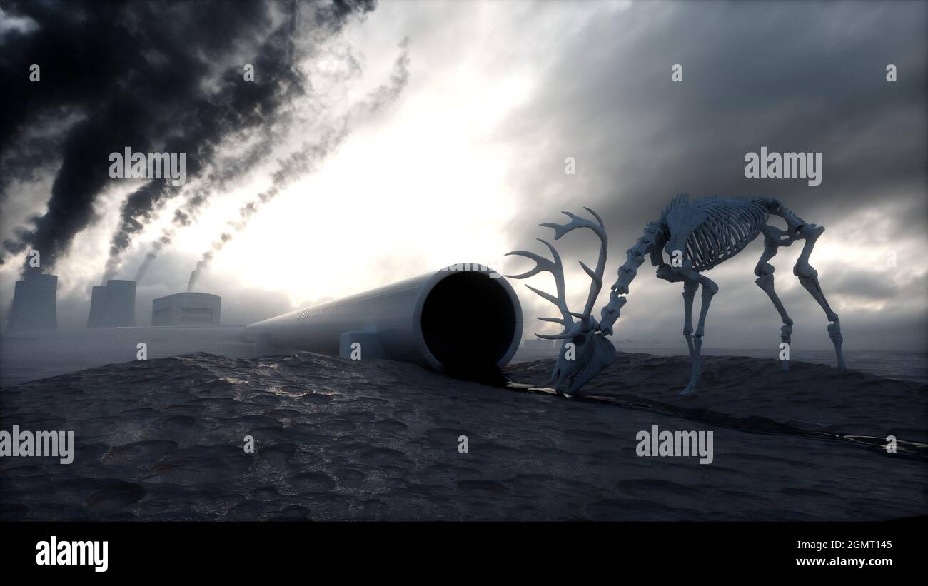 Ecology pollution concept. Dirty dark atmosphere. Deer skeleton ...