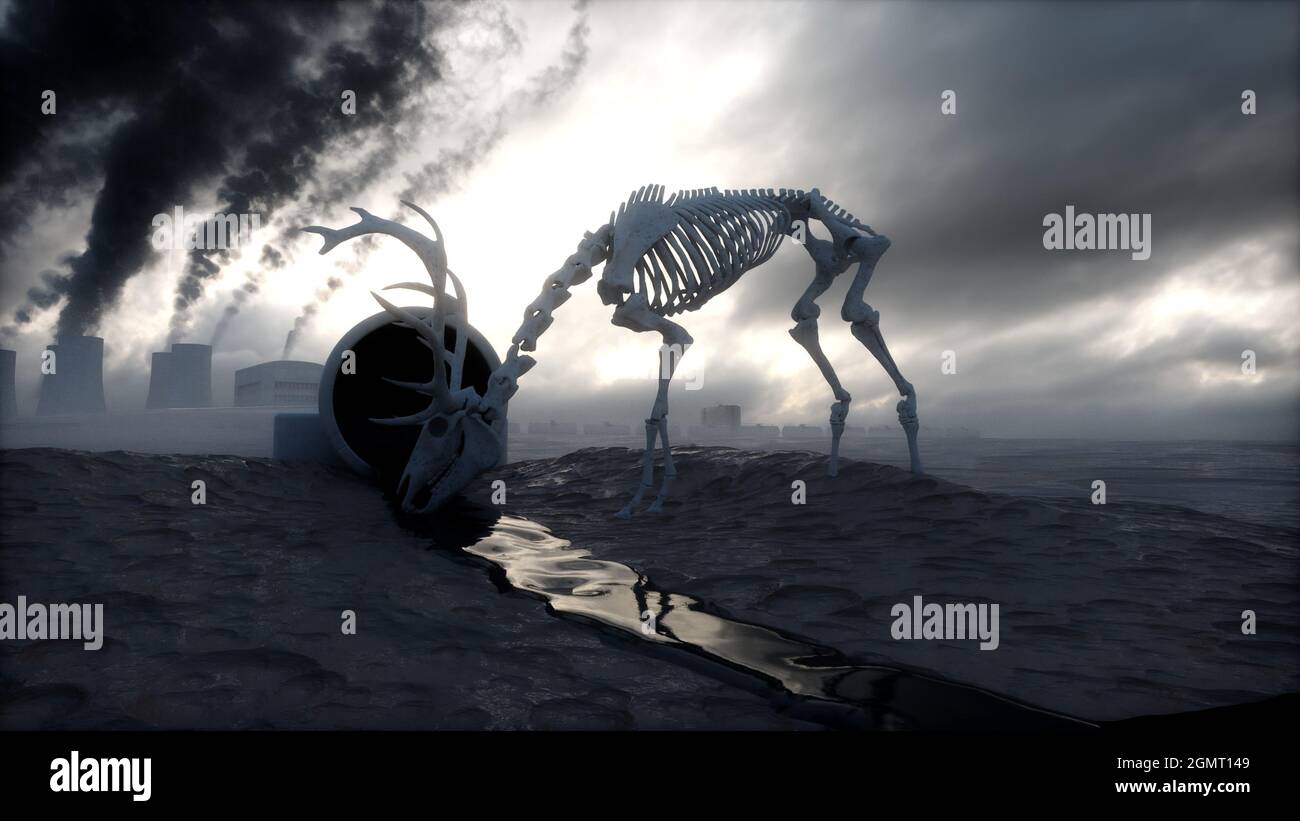 Ecology pollution concept. Dirty dark atmosphere. Deer skeleton ...