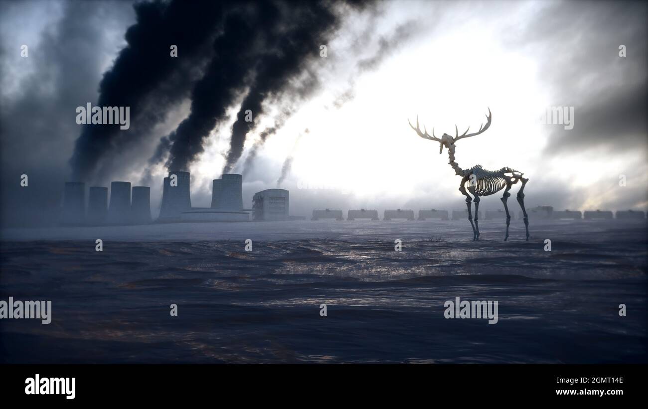 Ecology pollution concept. Dirty dark atmosphere. Deer skeleton ...