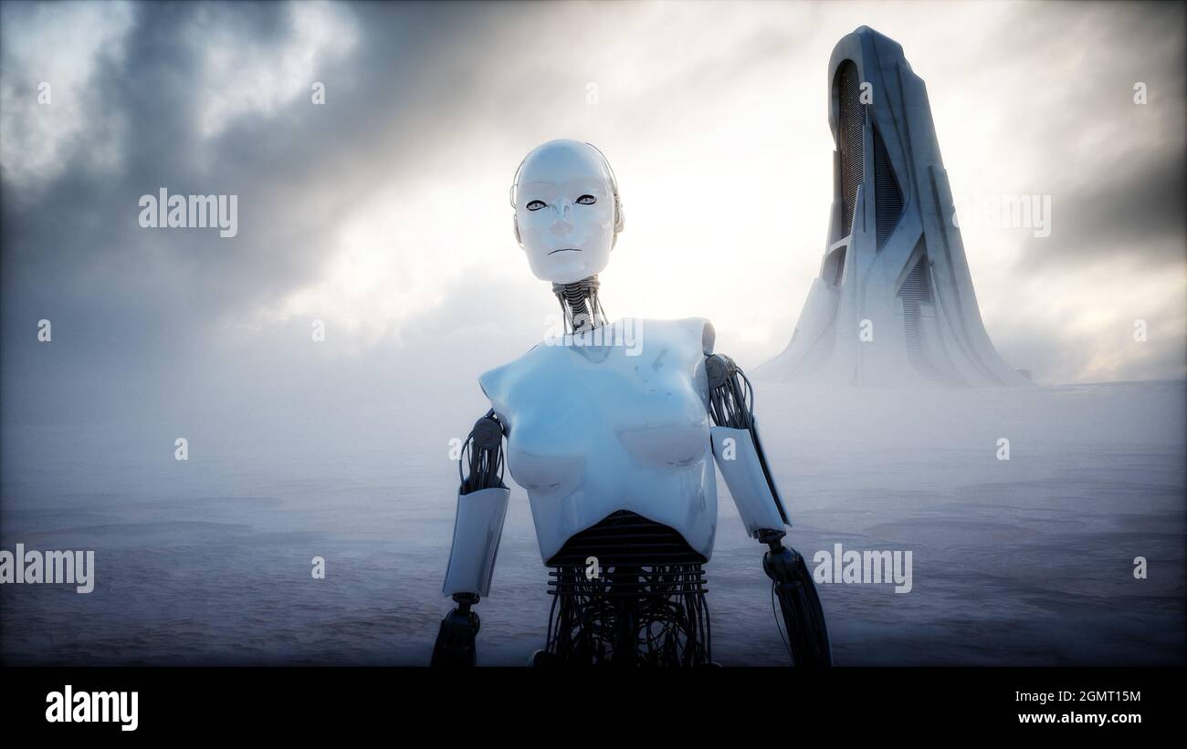 Female robot and futuristic city background. Future concept. 3d ...