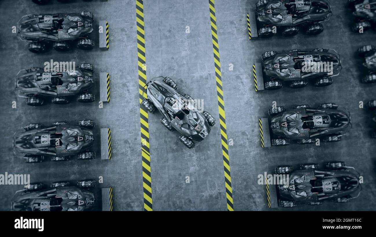 Futuristic military tanks in military base. 3d rendering Stock Photo ...