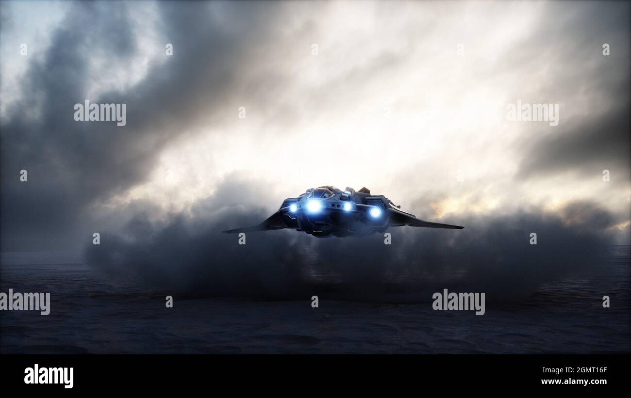 futuristic ship landing in apocalyptic desert. 3d rendering Stock Photo ...