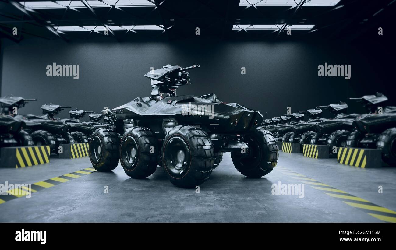 Futuristic military tanks in military base. 3d rendering Stock Photo ...