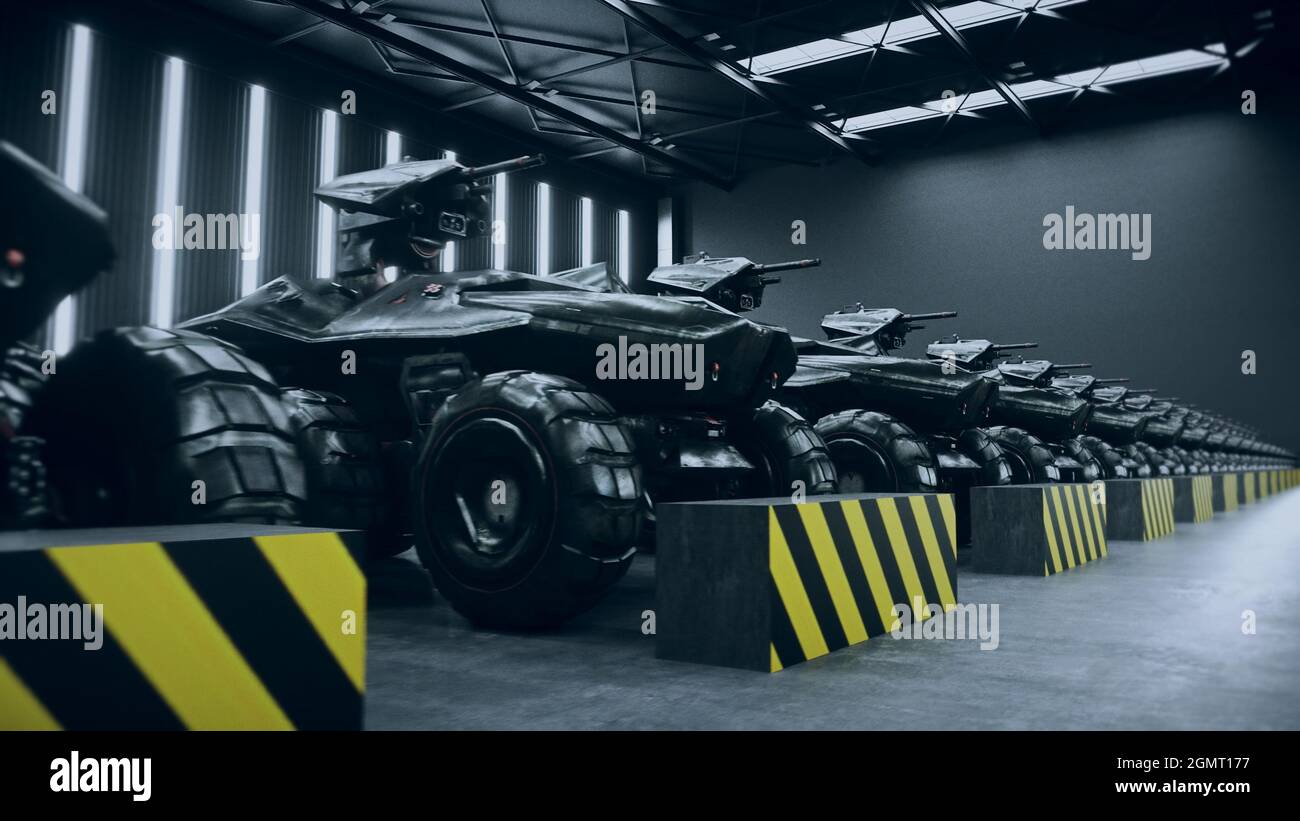 Futuristic military tanks in military base. 3d rendering Stock Photo ...
