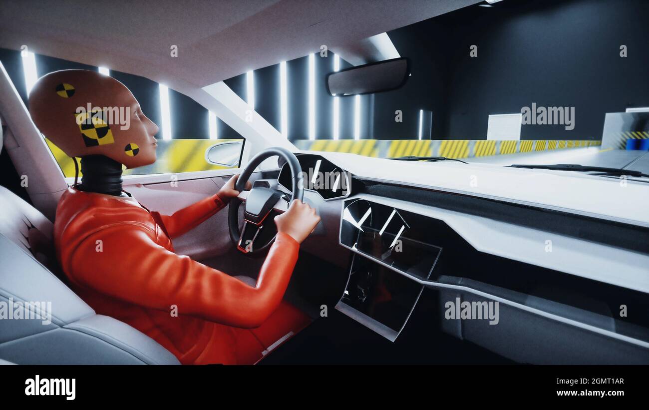 Generic 3d car crash test with crashtest dummy. Car destruction. 3d ...