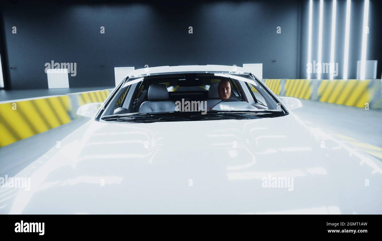 Generic 3d car crash test with crashtest dummy. Car destruction. 3d ...