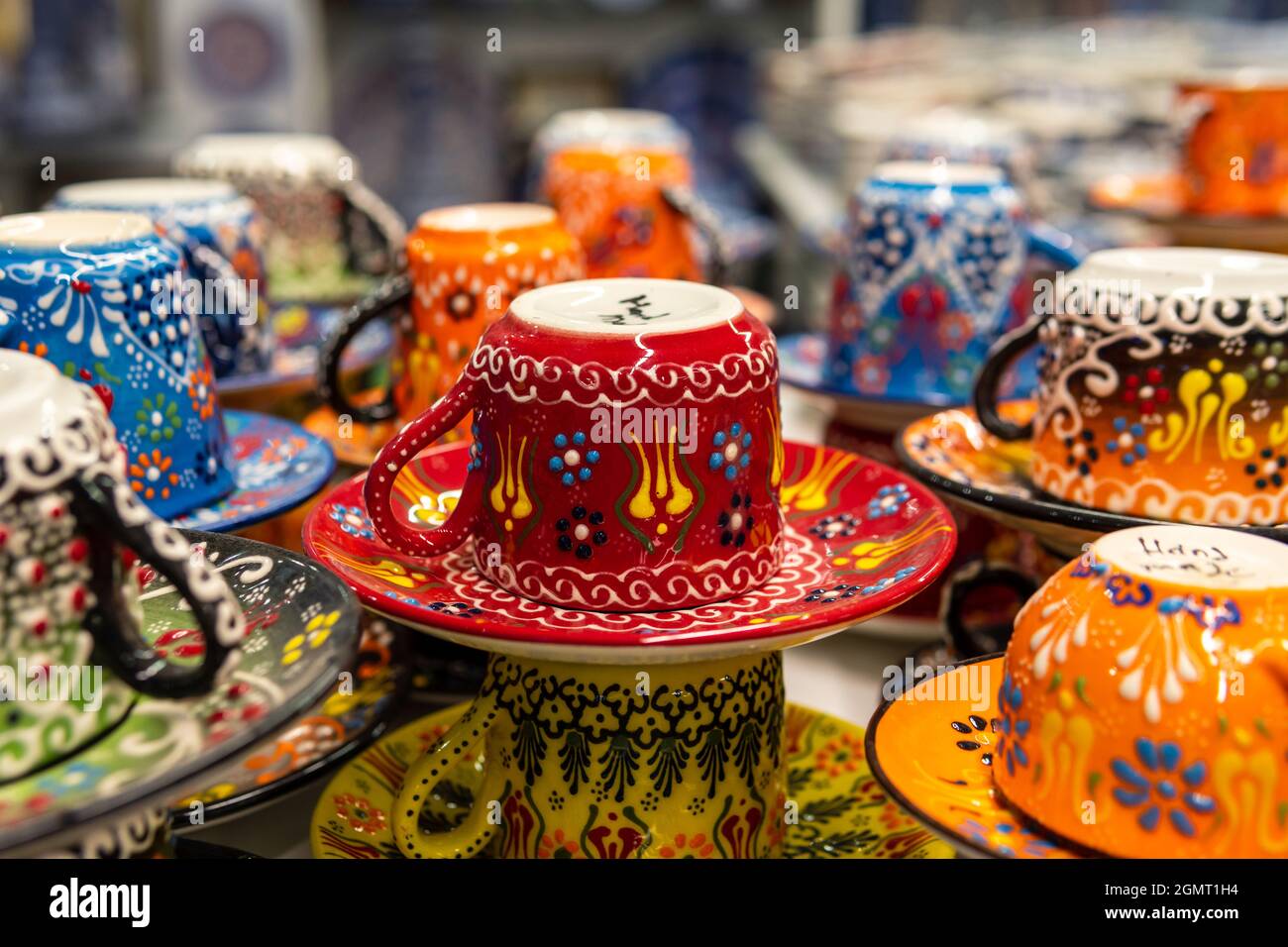 Ceramic cup and plate, Close-up view of handmade colorful Turkish ...