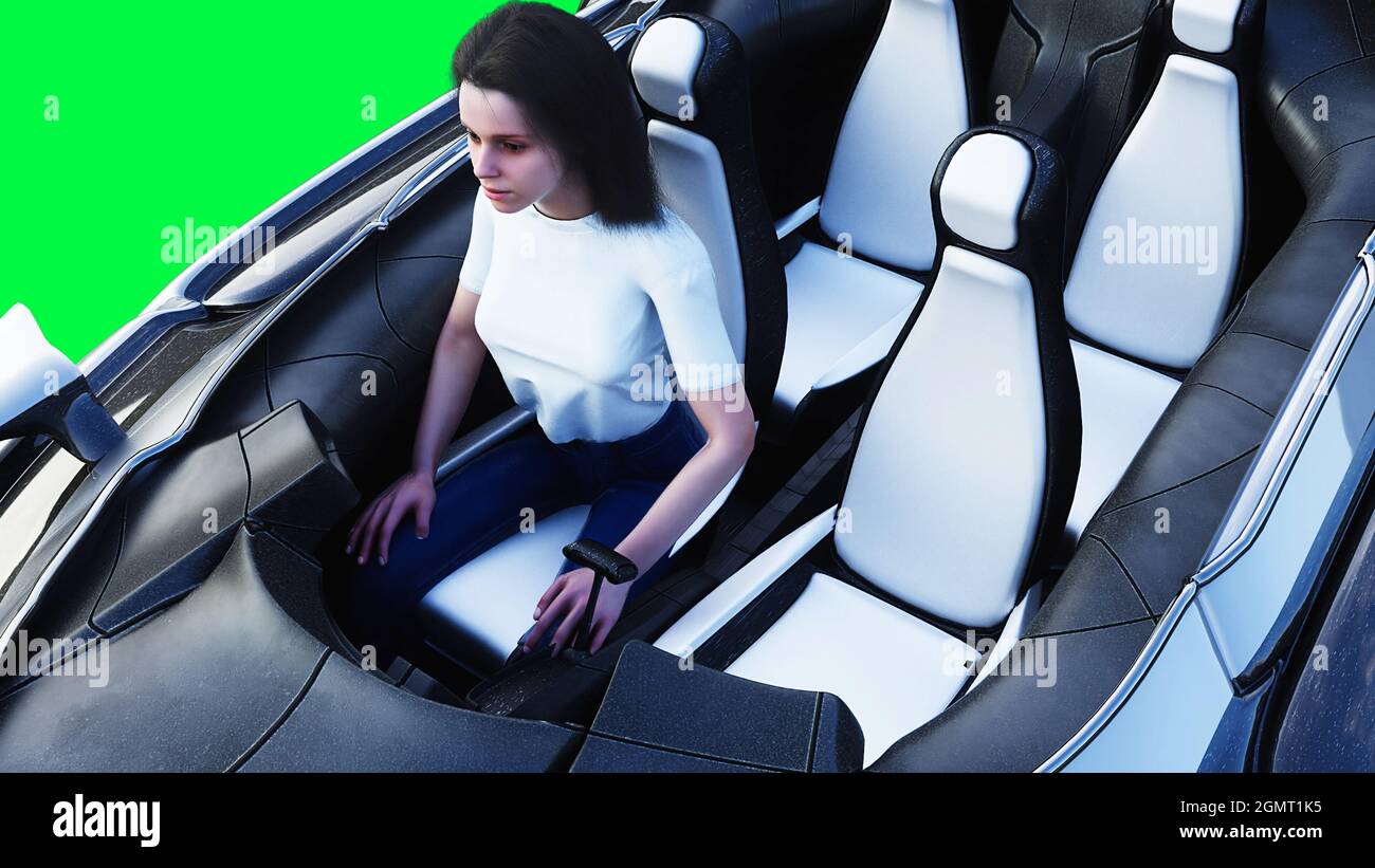 Futuristic sci fi flying car with girl. Green screen isolate. 3d ...
