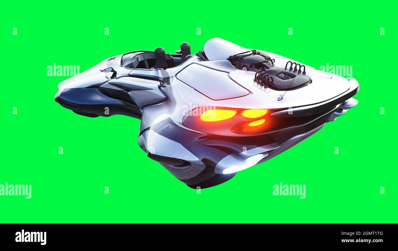 Futuristic sci fi flying car, ship. green screen isolate. 3d rendering ...