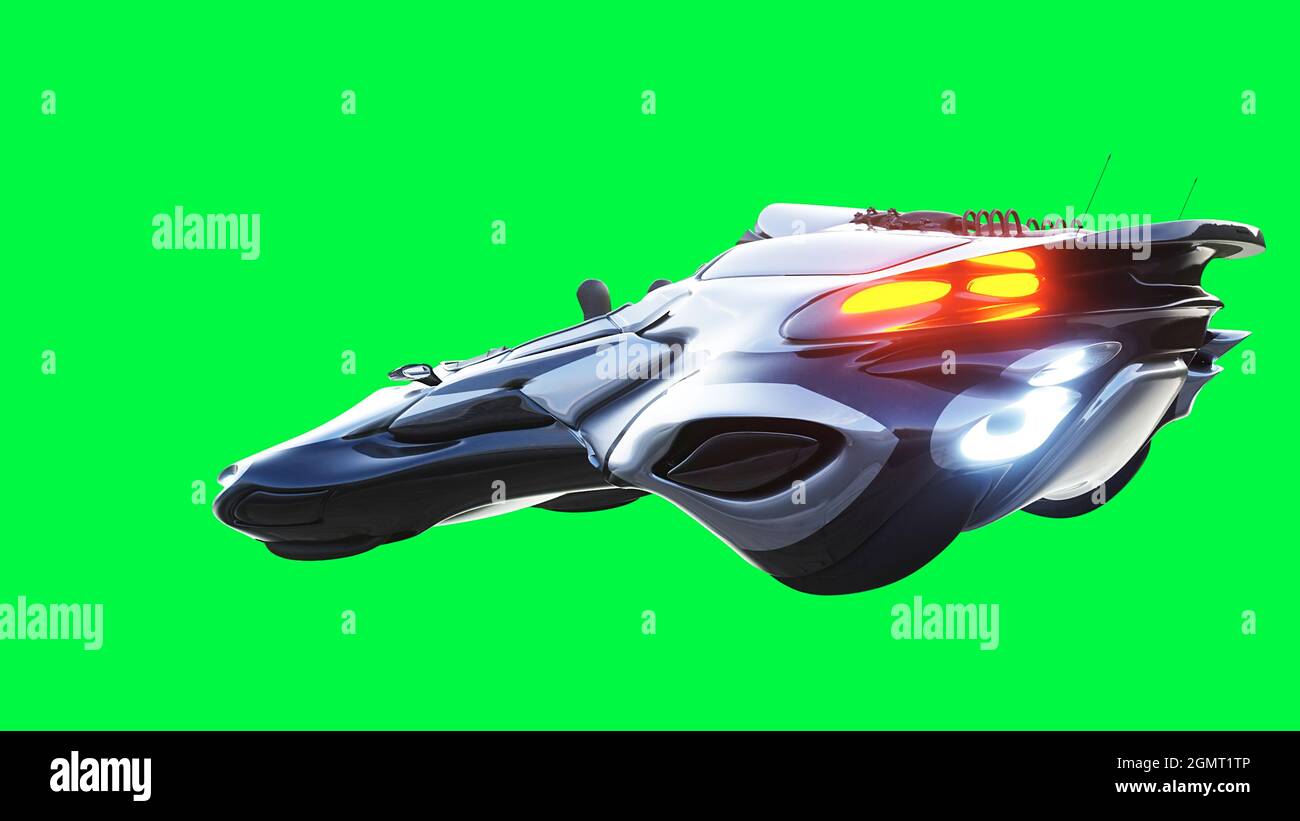 Futuristic sci fi flying car, ship. green screen isolate. 3d rendering ...