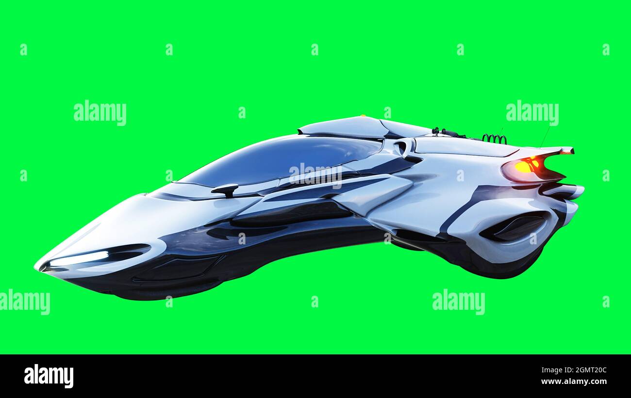 Futuristic sci fi flying car, ship. green screen isolate. 3d rendering ...