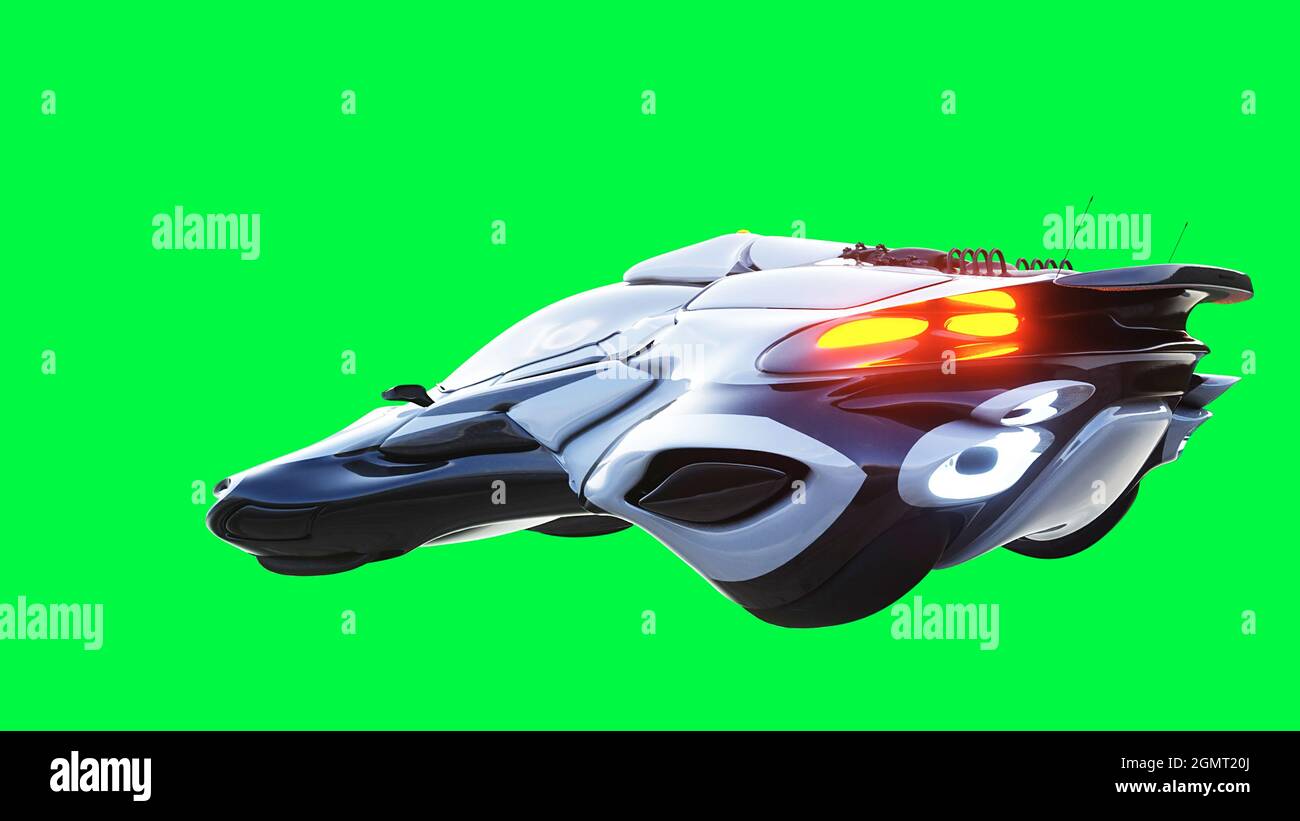 Futuristic sci fi flying car, ship. green screen isolate. 3d rendering ...