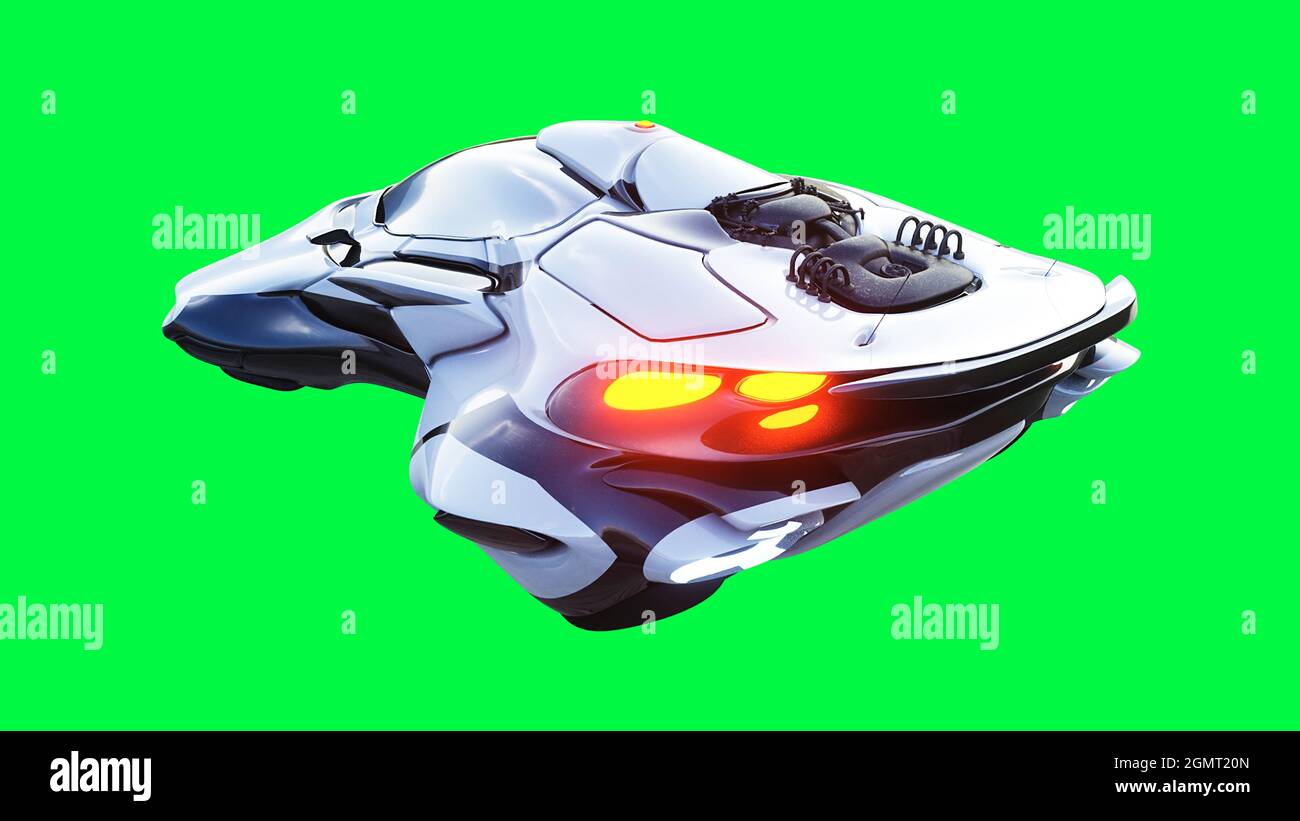 Futuristic sci fi flying car, ship. green screen isolate. 3d rendering ...