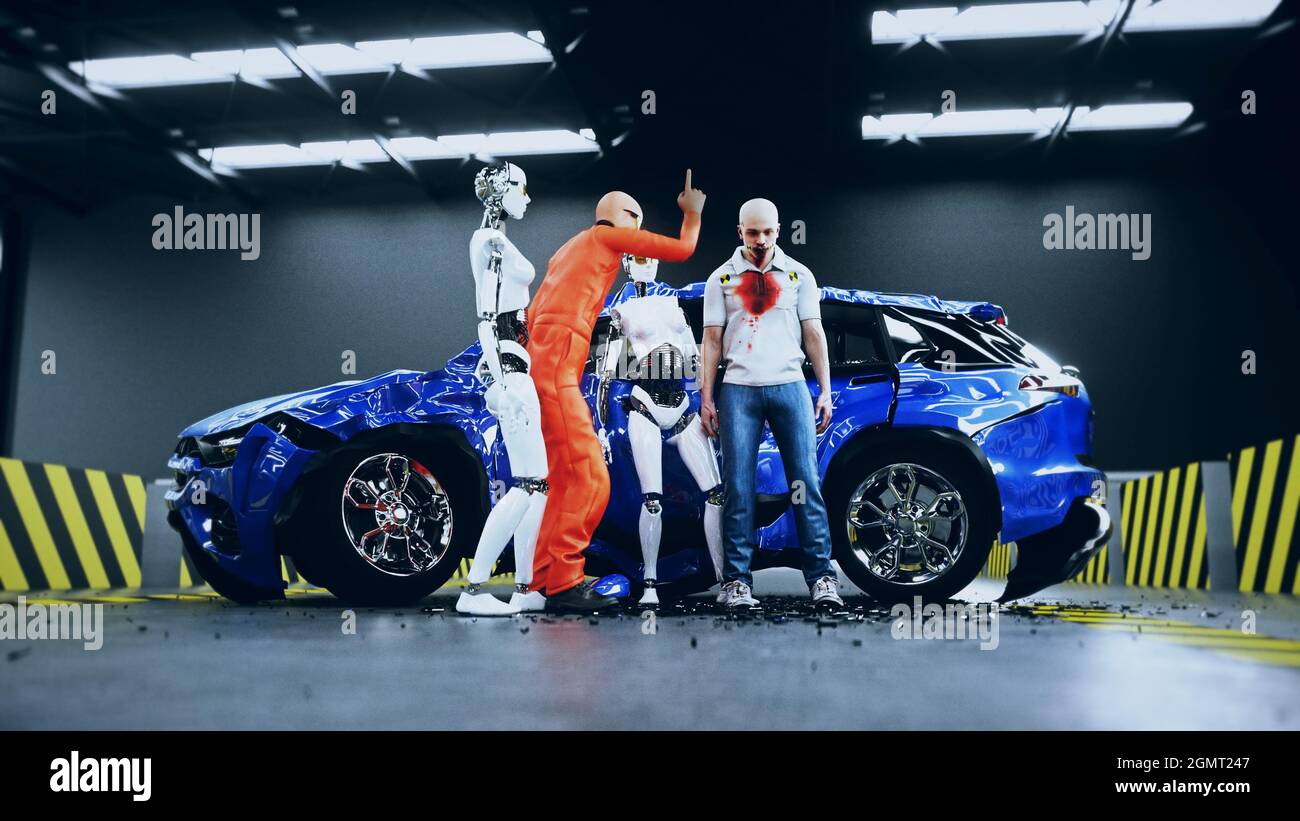 Robot crash test dummy and human. Future concept. 3d rendering Stock ...