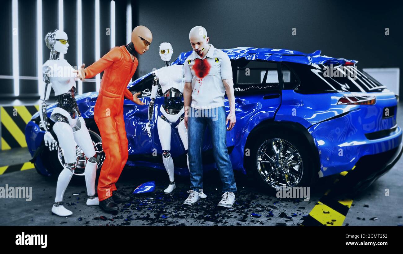Robot crash test dummy and human. Future concept. 3d rendering Stock ...