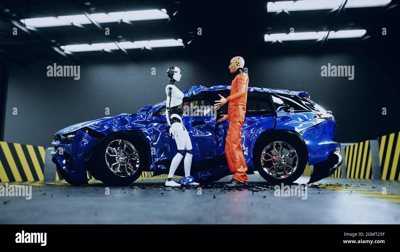 Robot crash test dummy and female robot. Future concept. 3d rendering ...